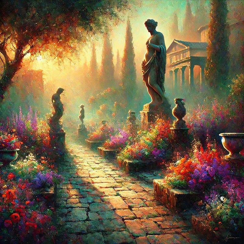 Garden Pathway with Classical Statues Stock Illustration - Illustration ...