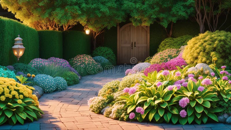 A Garden with a Pathway and a Light Stock Illustration - Illustration ...