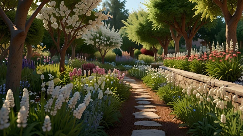 A Garden Pathway Lined with Flower Buds Stock Illustration ...