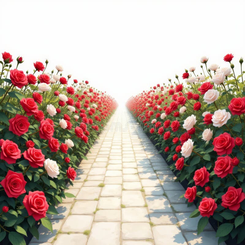 Garden Pathway Lined with Red and White Roses Isolated on a White ...