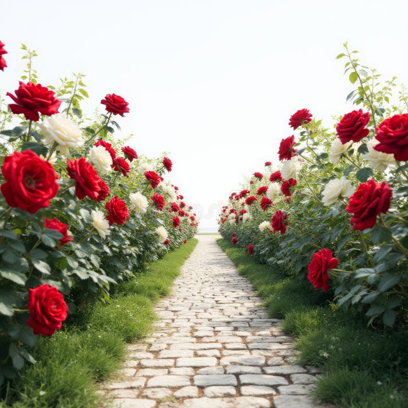 Garden Pathway Lined with Red and White Roses Isolated on a White ...