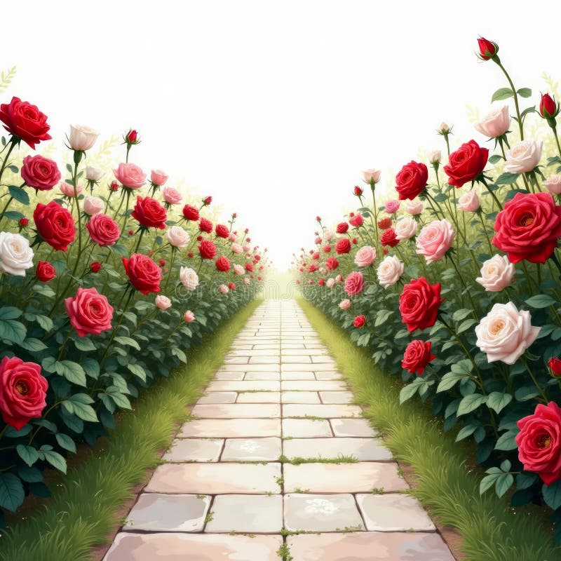 Garden Pathway Lined with Red and White Roses Isolated on a White ...