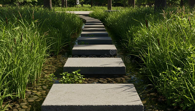 Garden Pathway with Rectangular Stone Slabs Over Shallow Stream ...