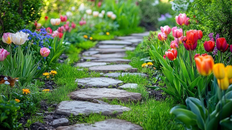A Garden Pathway Surrounded by Blooming Flowers and Greenery Stock ...