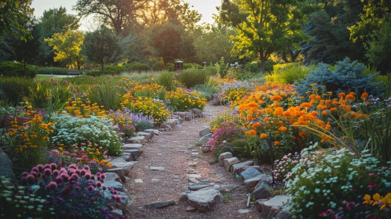 A Garden with a Pathway Surrounded by Blooming Flowers Stock Image ...