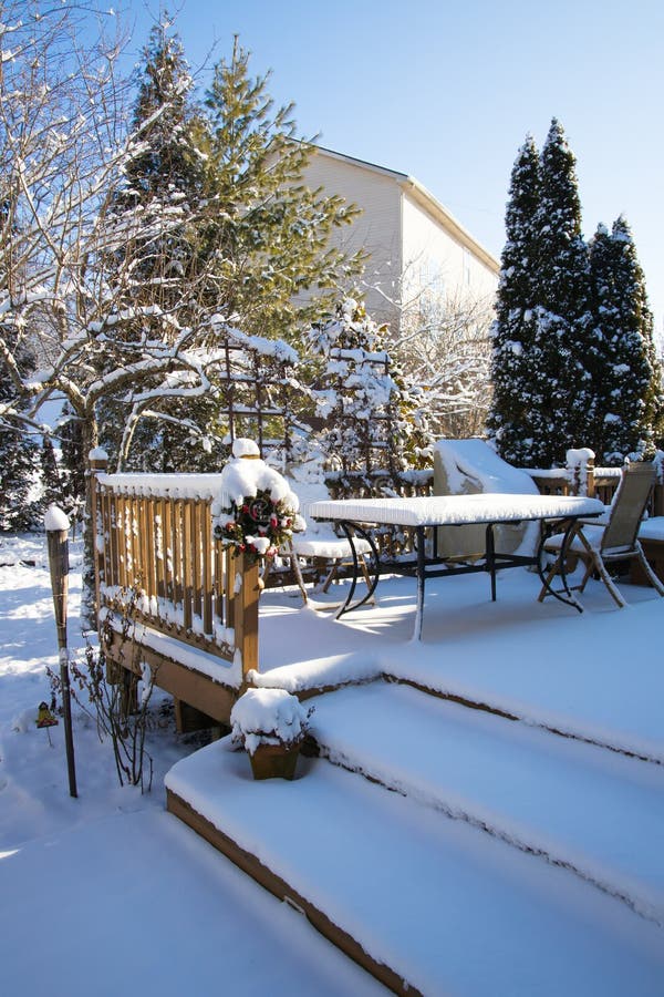 Garden and Patio of Family Home after Snowfall Stock Image - Image of ...