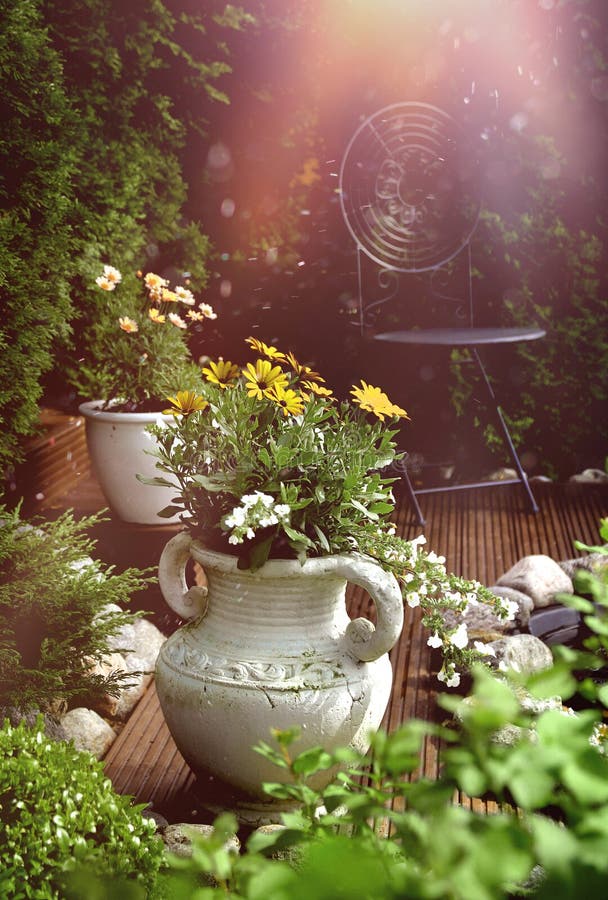 Garden Patio Terrace Sunlight Stock Photo - Image of colorful, flower ...
