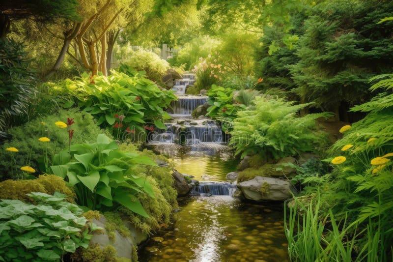A Garden with a Peaceful Stream and Babbling Waterfall, Surrounded by ...