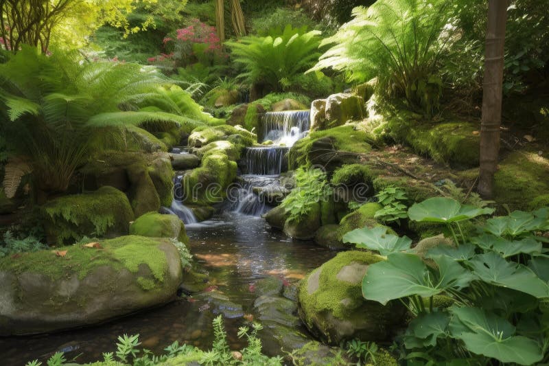 A Garden with a Peaceful Stream and Babbling Waterfall, Surrounded by ...