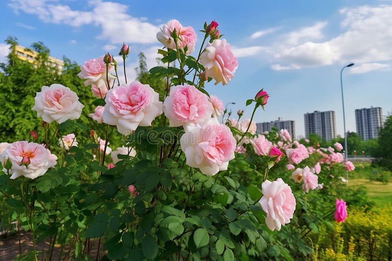 Garden of Pink Roses on City Background Stock Illustration ...