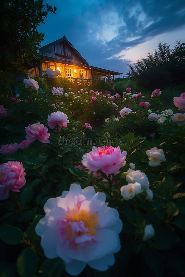 Garden of Pink and White Flowers at Sunset with House in Back Stock ...