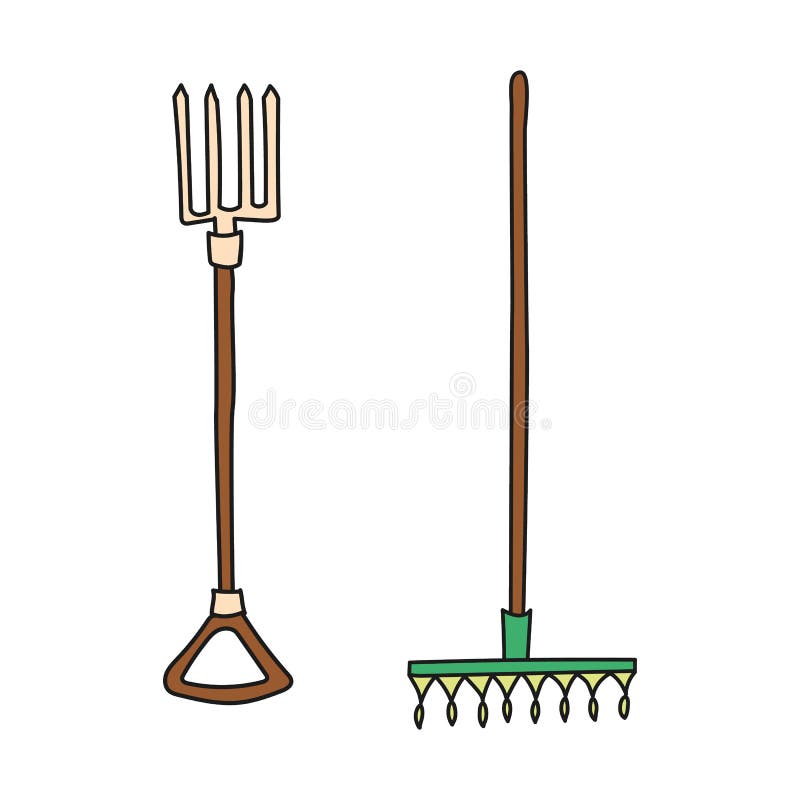 Garden Pitchfork and Rake. Doodle Vector Illustration on White ...