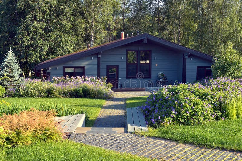 Garden Plot with a House, Flowerbeds and Paving Stock Image - Image of ...