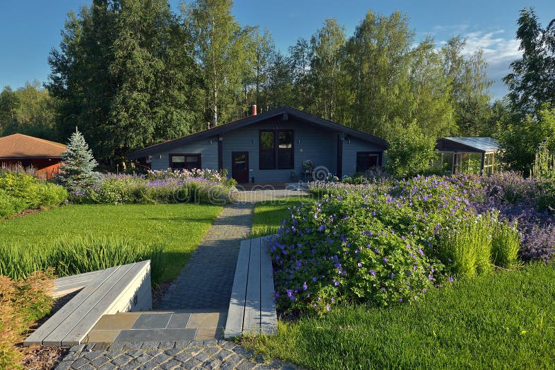 Garden Plot with a House, Flowerbeds and Paving Stock Photo - Image of ...