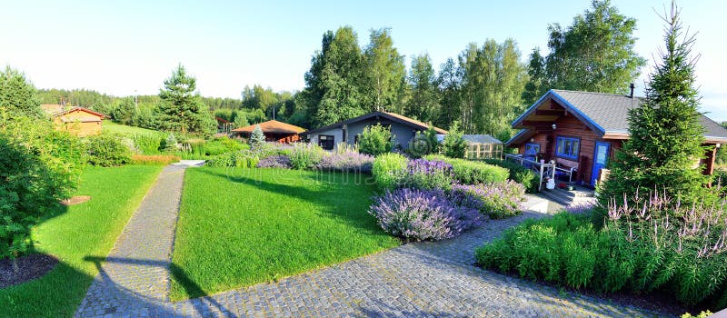 Garden Plot with a House, Flowerbeds and Paving Stock Image - Image of ...