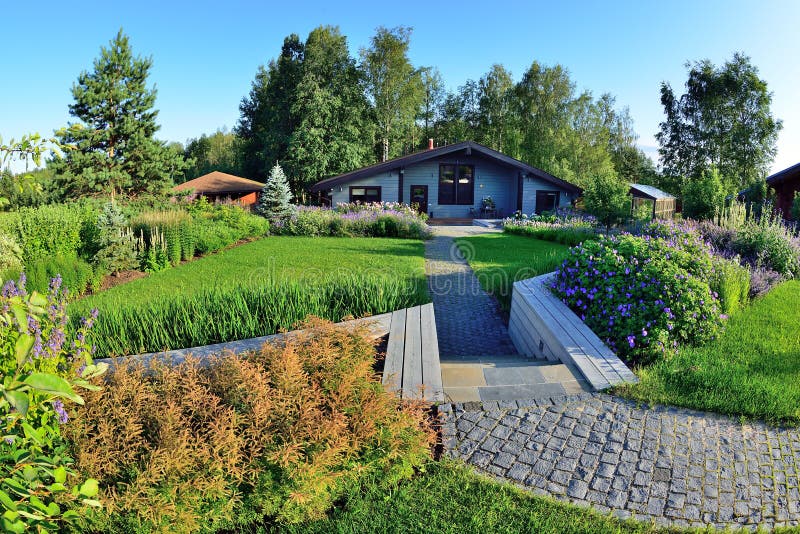 Garden Plot with a House, Flowerbeds and Paving Stock Photo - Image of ...