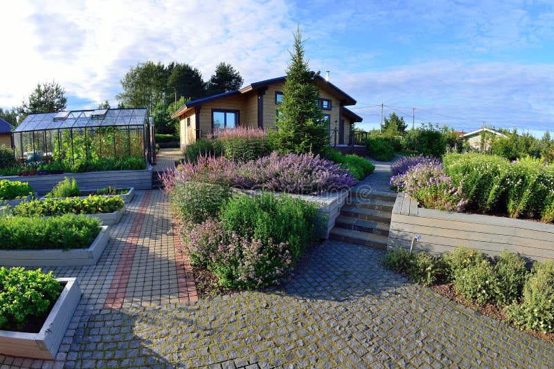 Garden Plot with a House, Flowerbeds and Paving Stock Photo - Image of ...