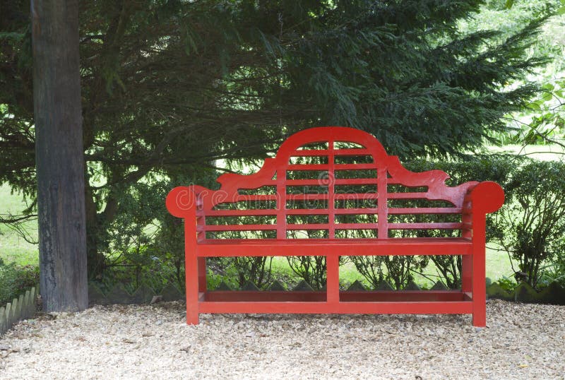 Garden with Red Oriental Style Bench Under a Tree Stock Image - Image ...
