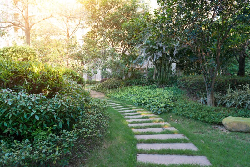 Garden of a Residence Community Stock Photo - Image of pathway, street ...