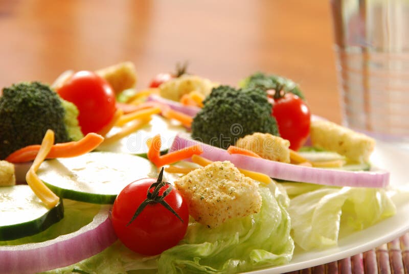 Garden Salad on Table Setting with Glass of Water Stock Photo - Image ...