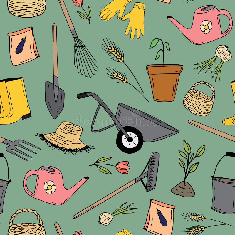 Garden Seamless Pattern. Garden Tools,plants. Hand-drawn Color Vector Stock Vector ...