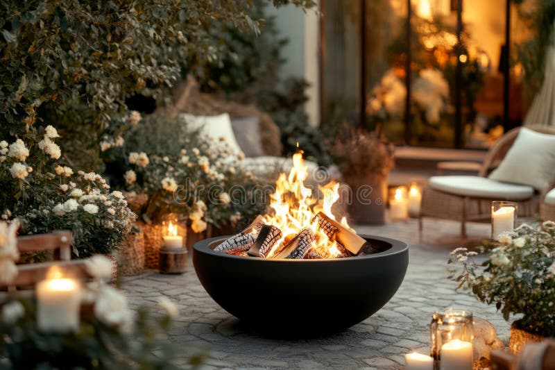 Garden Setting Featuring a Lit Fire Pit Stock Image - Image of backyard ...