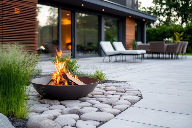Garden Setting Featuring a Lit Fire Pit Stock Photo - Image of nature ...