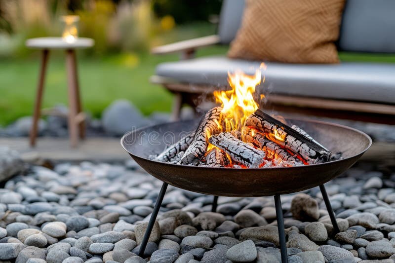 Garden Setting Featuring a Lit Fire Pit Stock Photo - Image of peaceful ...