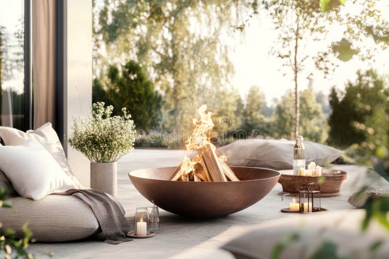 Garden Setting Featuring a Lit Fire Pit Stock Image - Image of leisure ...