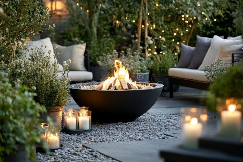 Garden Setting Featuring a Lit Fire Pit Stock Image - Image of outdoor ...