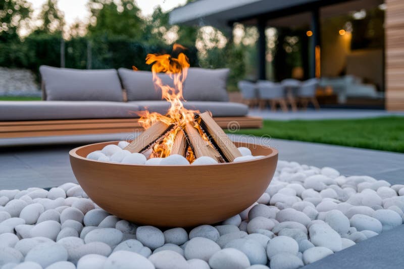 Garden Setting Featuring a Lit Fire Pit Stock Photo - Image of warmth ...