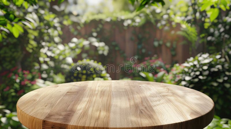 Garden Setting with a Soft Focus and Empty Round Wood Tabletop Counter ...