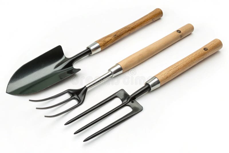 Garden Shovel, Rake, and Fork Isolated on White Background. Top View ...