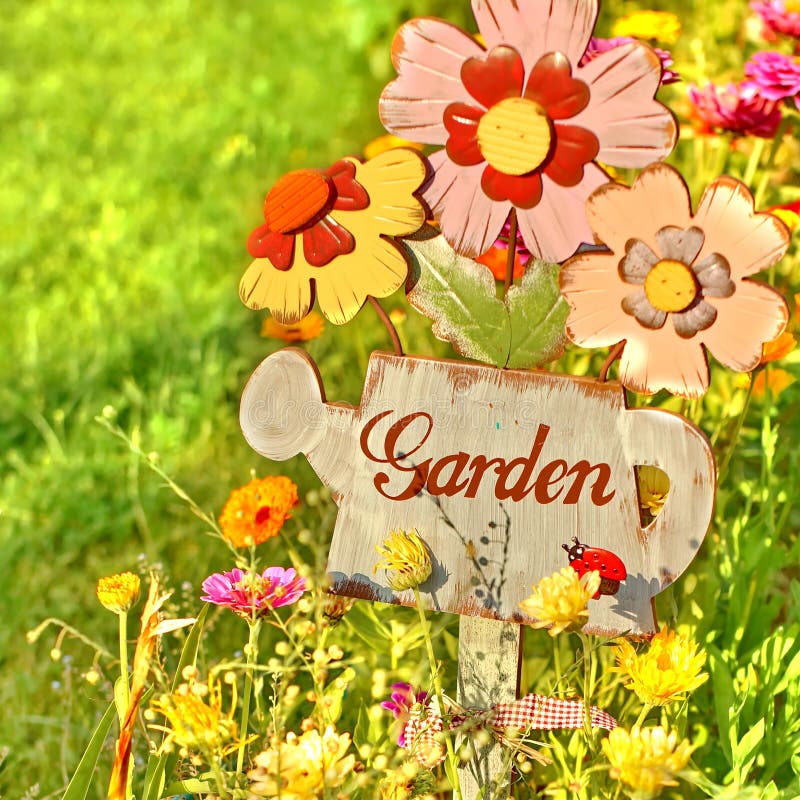 Garden Sign, Message on a Wooden Watering Can Stock Image - Image of ...
