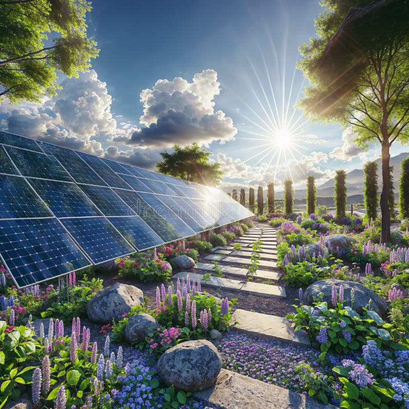 A Garden Scene with Solar Panels, Stepping Stones, Trees, Flowers, and ...