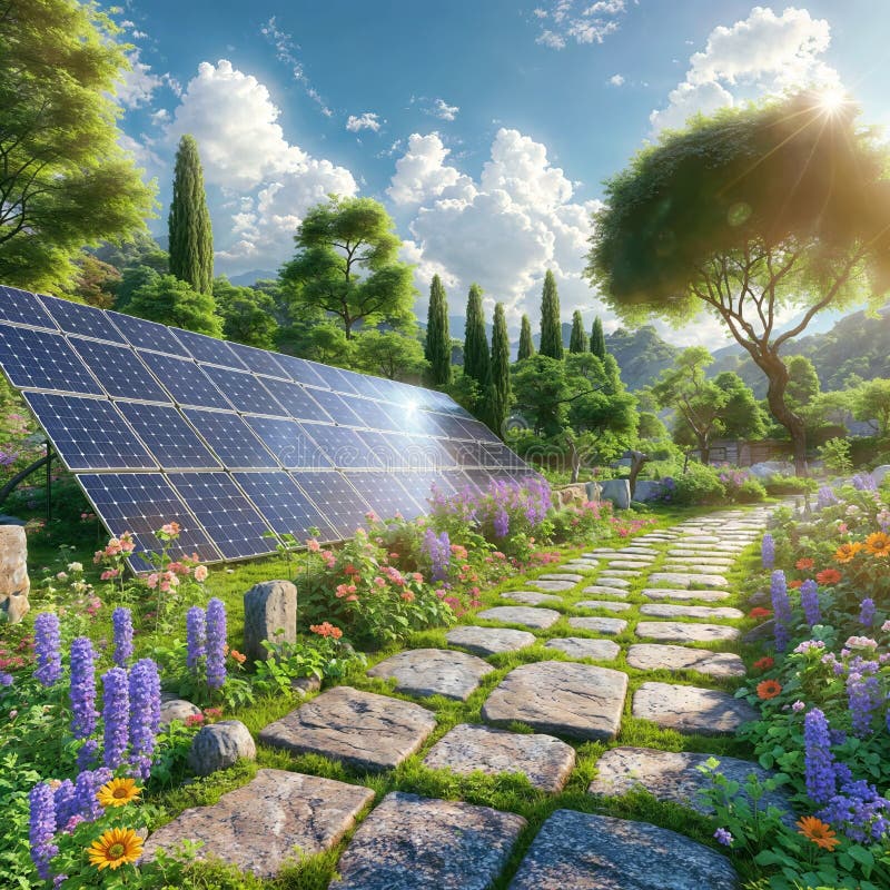 A Garden Oasis Includes Solar Panels, Trees, Flowers, Rocks, and a ...