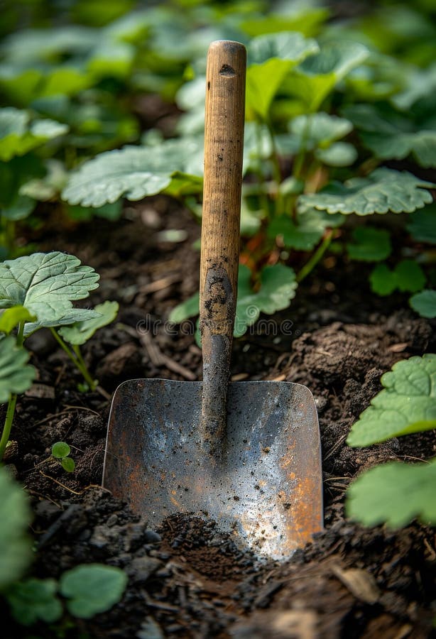 Garden Spade is Stuck in the Soil in Vegetable Garden Stock Image ...