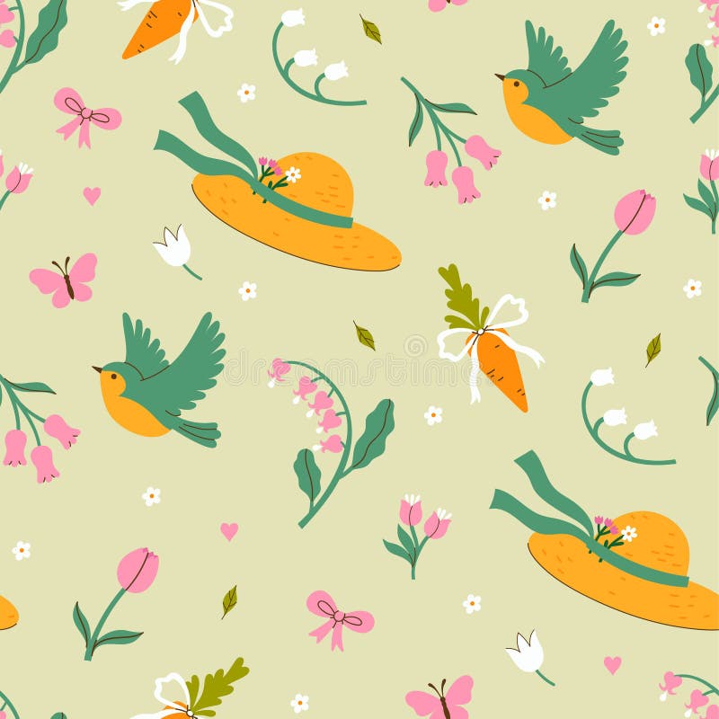 Garden Spring Seamless Pattern with Hats, Birds and Flowers. Vector ...