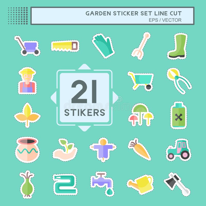Garden Sticker Set in Trendy Line Cut Isolated on Blue Background Stock ...