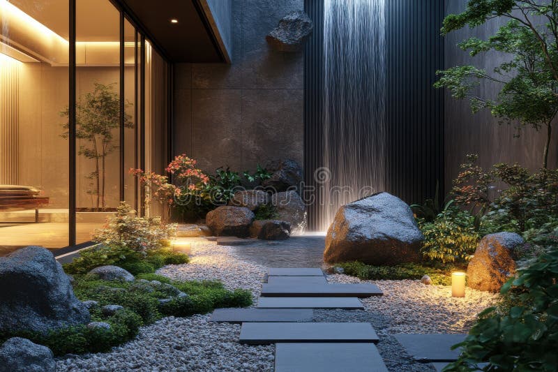 A Garden with a Stone Path and a Waterfall Stock Photo - Image of ...