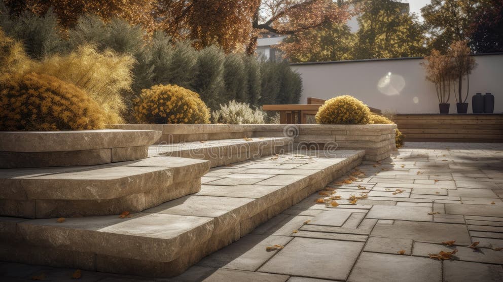 Garden with Stone Steps and a Tree in the Background Stock Illustration ...