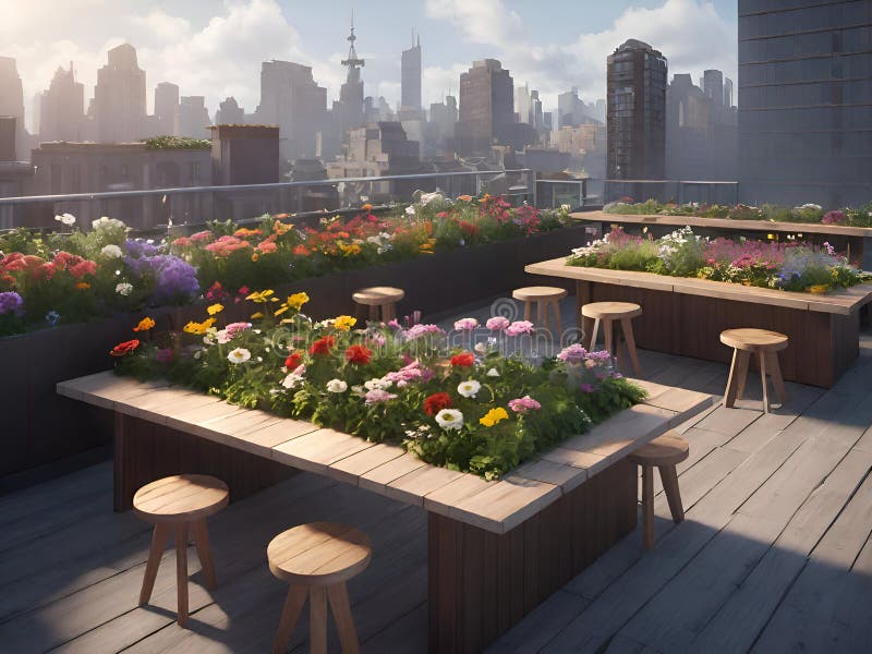 Garden with Tables on the Rooftop of a City Building for the ...