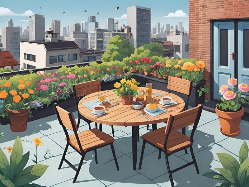 Garden with Tables on the Rooftop of a City Building for the ...