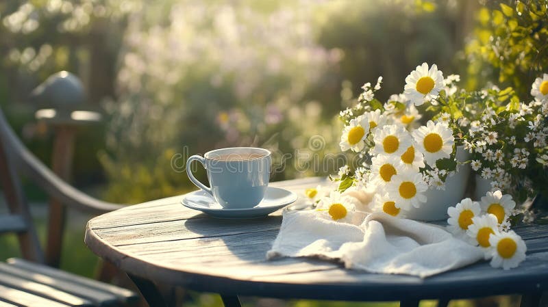 Garden Tea, Chamomile Flowers, Sunrise, Rustic Table, Peaceful Morning ...