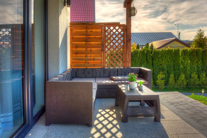 Garden Terrace with a Seating Set on a Sunny Day Stock Photo - Image of ...