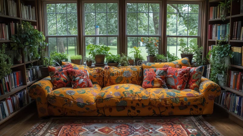 Garden-themed Library, Featuring Floral Patterns Stock Illustration ...