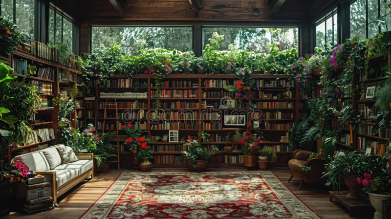Garden-themed Library, Featuring Floral Patterns Stock Illustration ...