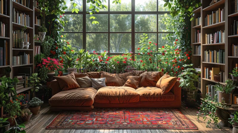 Garden-themed Library, Featuring Floral Patterns Stock Illustration ...