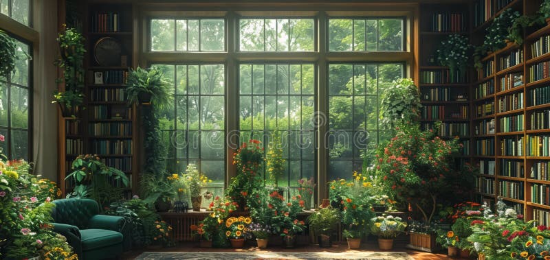 Garden-themed Library, Featuring Floral Patterns Stock Illustration ...