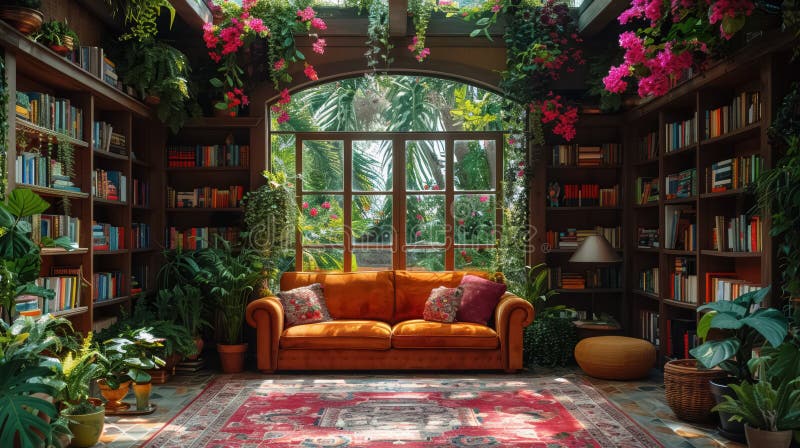 Garden-themed Library, Featuring Floral Patterns Stock Illustration ...